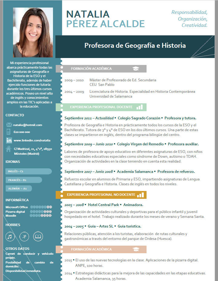 Elaboración del curriculum de profesores. Plantillas de CV para enviar ...